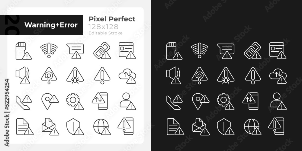 Warning signals pixel perfect linear icons set for dark, light mode ...