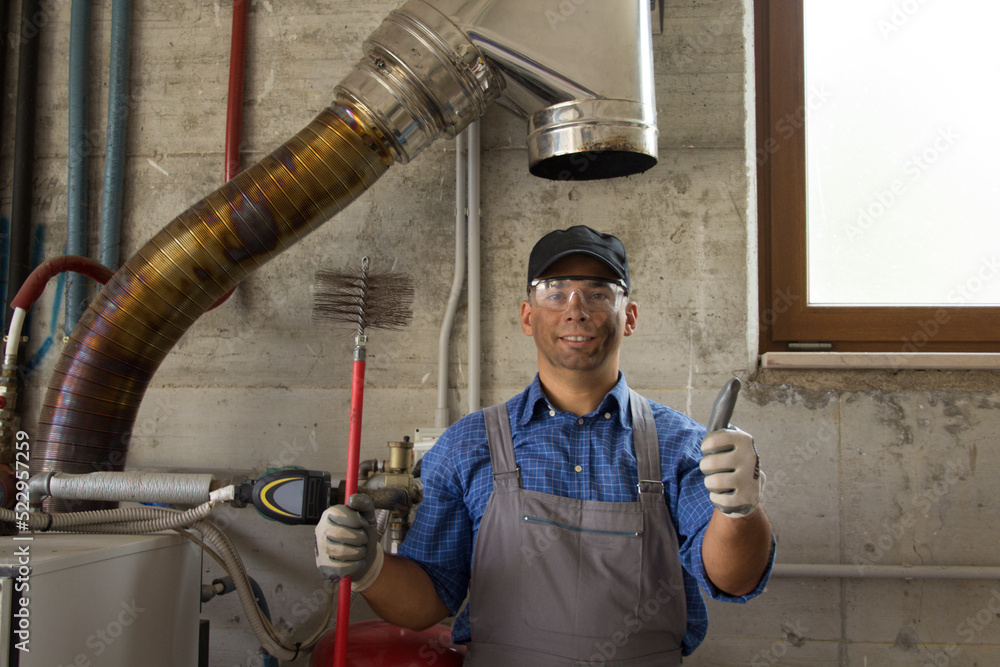 Image of a smiling chimney sweep with soot on his face and thumbs up ...