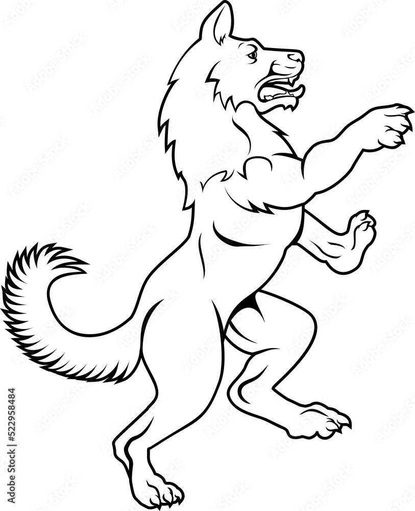 A pet dog or wolf animal standing on hind legs in a heraldic rampant ...