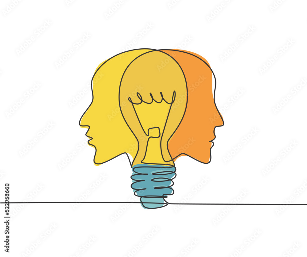 Single continuous line drawing of twin human face with light bulb in ...