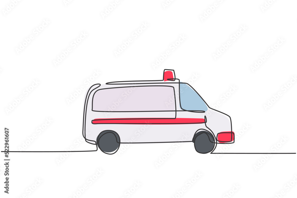 Single one line drawing hospital ambulance car to help injury patient ...