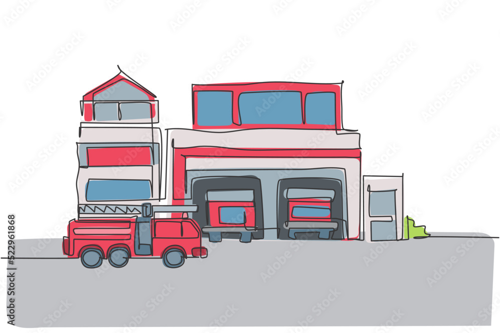 Single continuous line drawing of fire station building construction ...