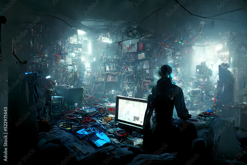 messy and dark cyberpunk hacker hideout room with cyan christmas lights ... messy and dark cyberpunk hacker hideout room with cyan christmas lights ...