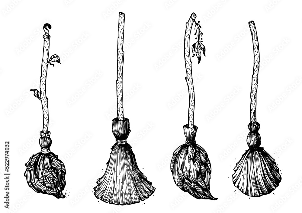 Witch's broom collection. Hand drawn vector illustration.Broom magic ...