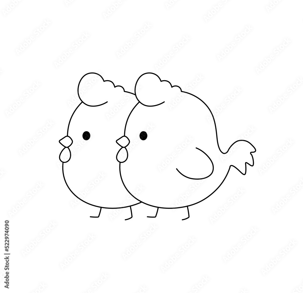 Vector isolated cute cartoon two chickens hens side view colorless ...