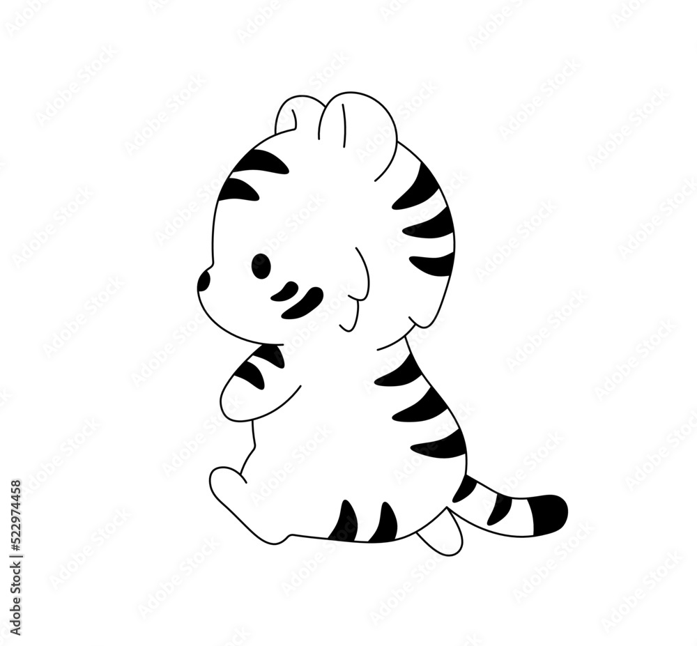 Vector isolated cute cartoon walking baby tiger side view colorless ...