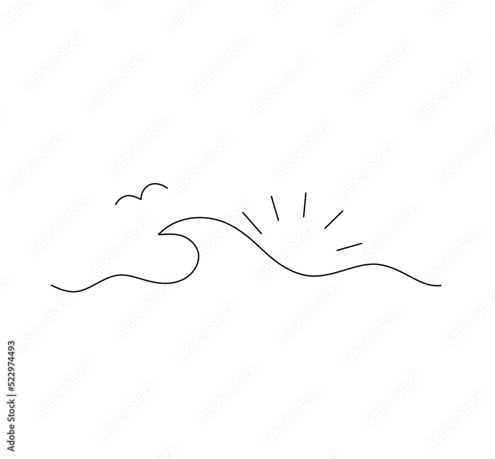 Vector isolated one line simple wave with sun rays and seagull bird ...