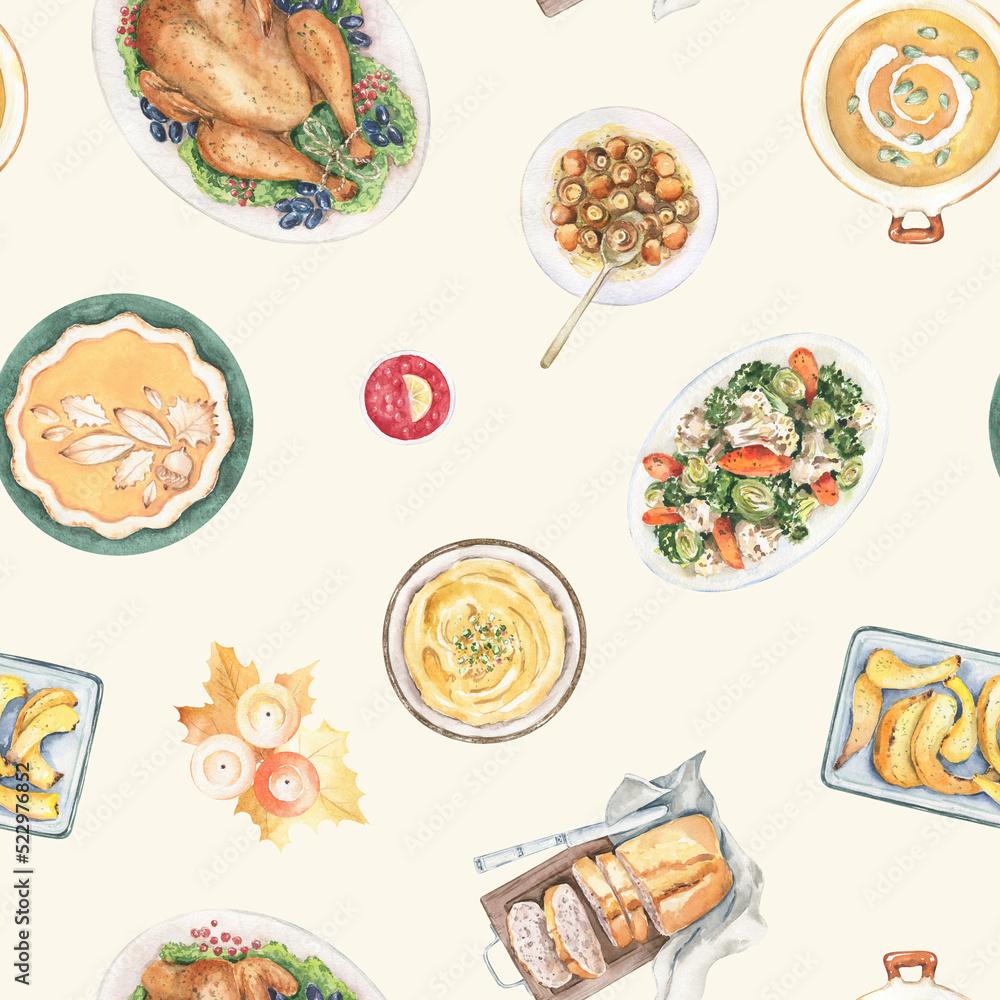 Watercolor seamless pattern. Thanksgiving Day dinner with traditional ...
