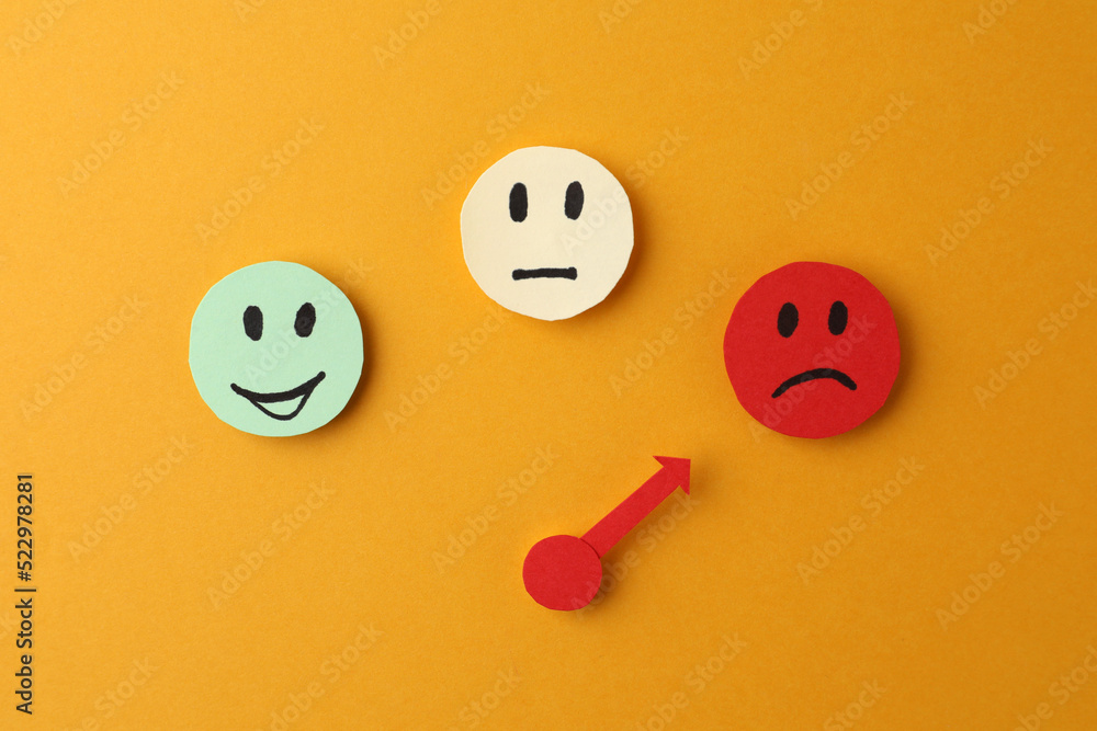 Mood indicator on yellow background, flat lay. Emotional management ...