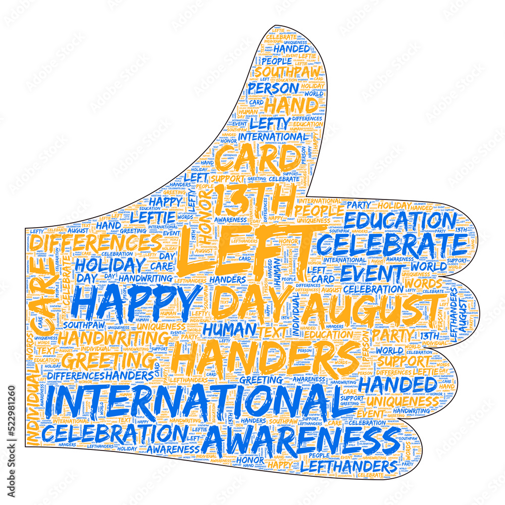 International Left-handers Day in word cloud collage illustration. Left ...