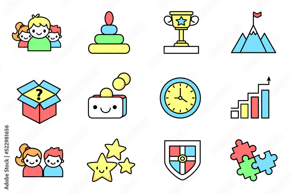 Vector colorful icons set for preschool education, achievements ...