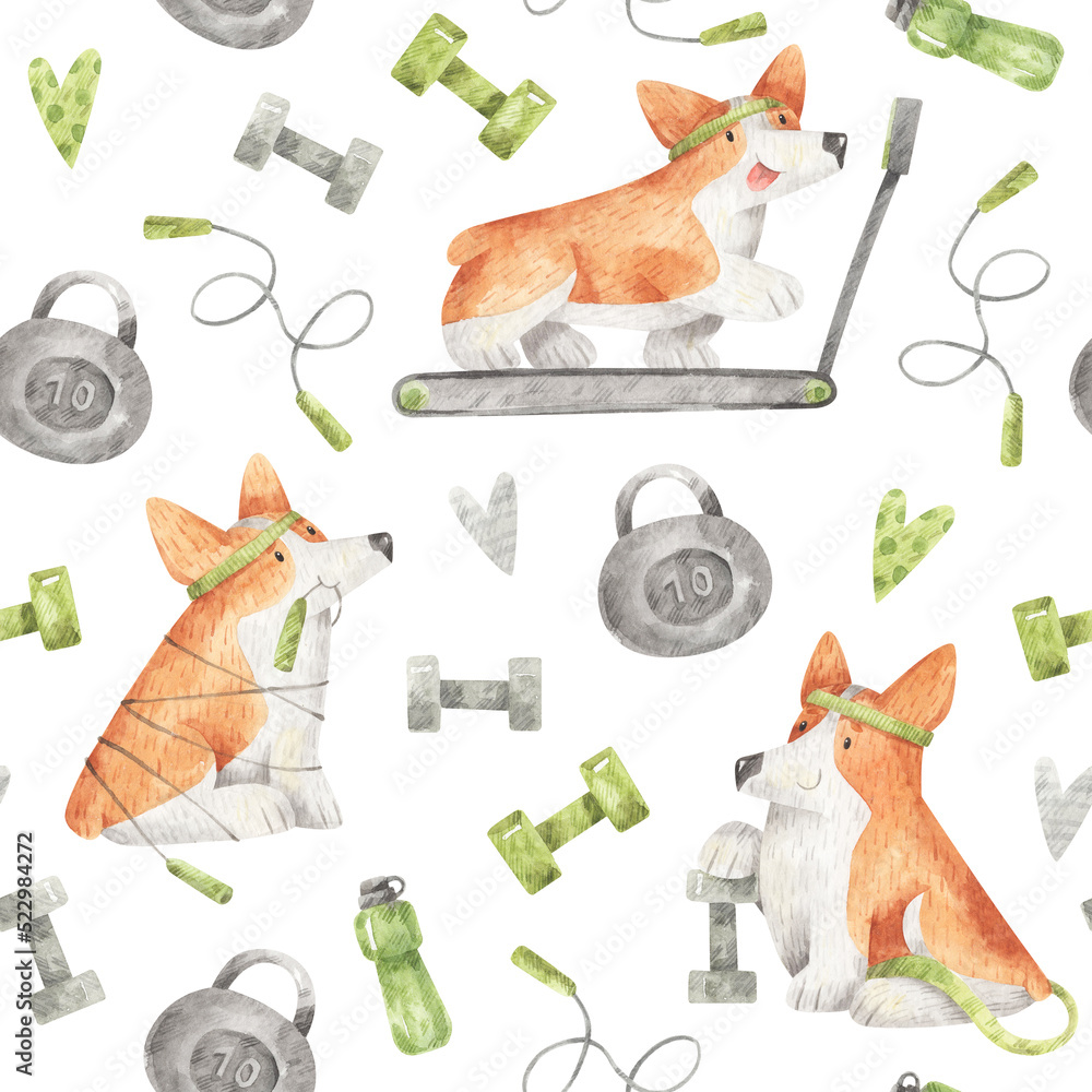 Seamless pattern with corgi sportsman and sports equipment. Watercolor ...