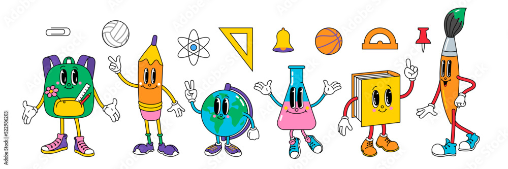 School characters vector illustration set - globe, textbook, drawing ...
