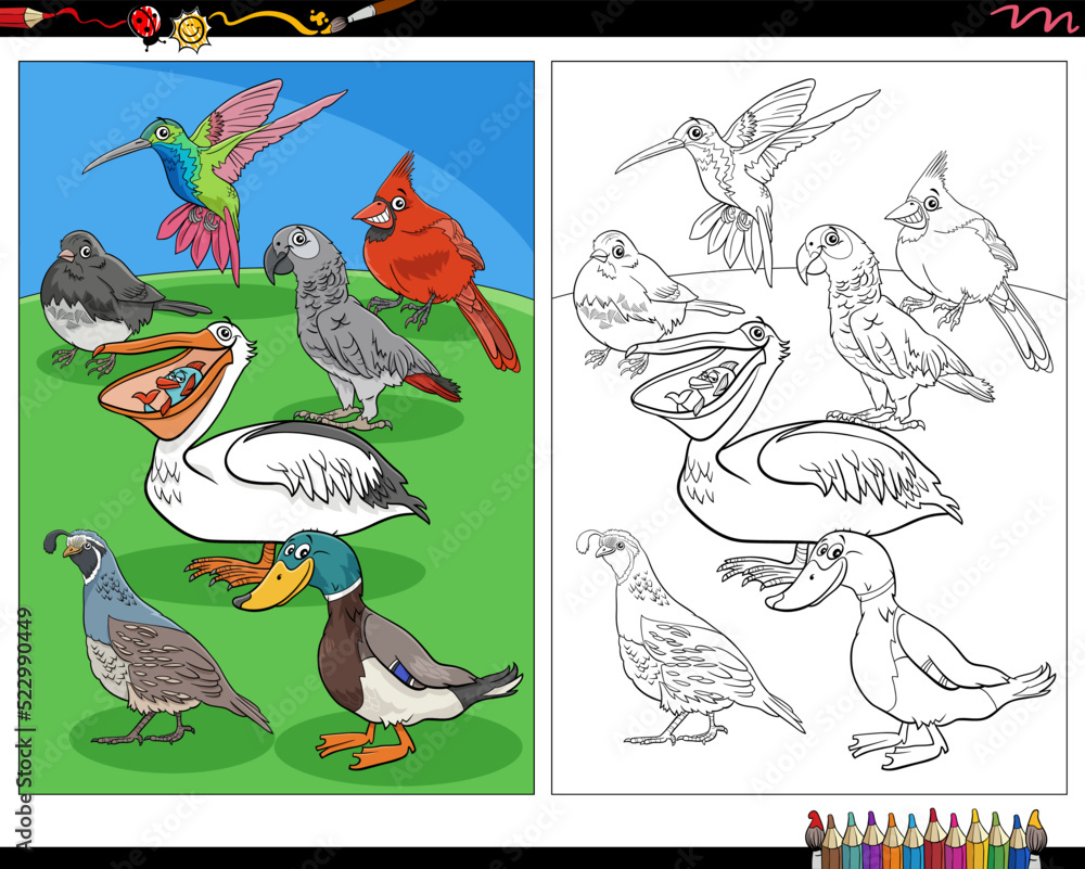 cartoon birds animal characters coloring page Stock Vector | Adobe Stock