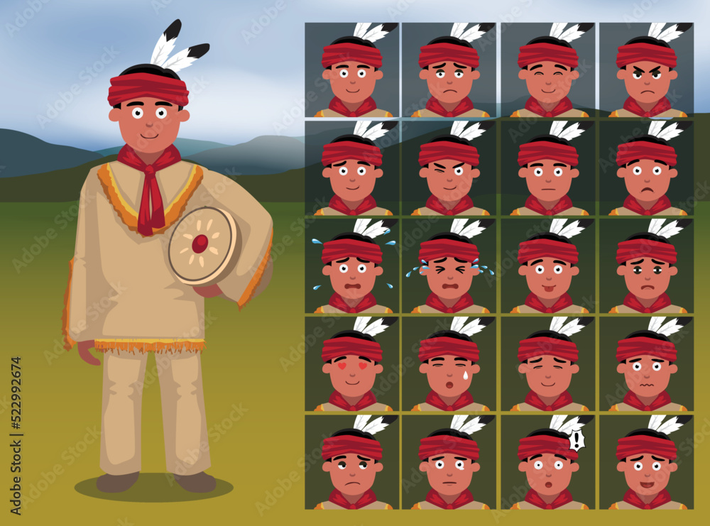 Native American Cherokee Cartoon Emotion faces Vector Illustration ...