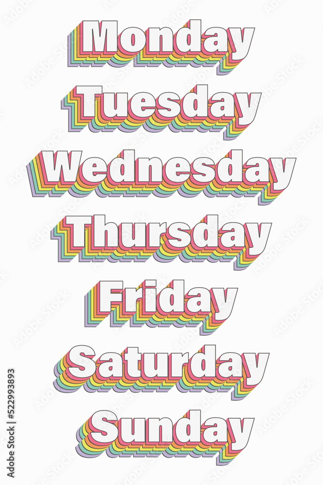 days of the week school diary sticker y with rainbow vibrant shadow ...