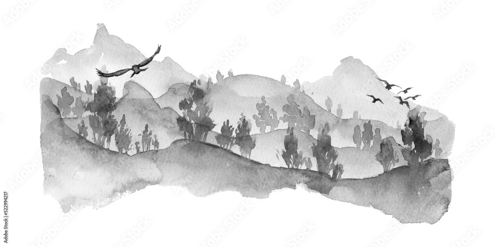 Watercolor landscape art background with mountains and hills with sun ...