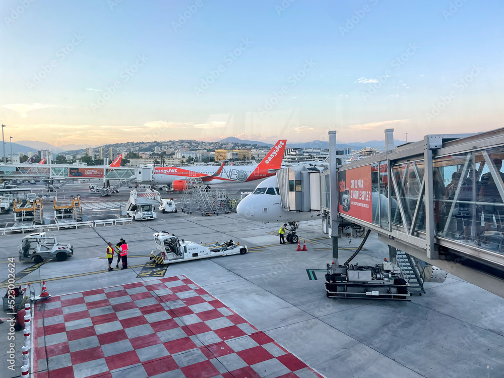 Nice, France. July 29. 2022. Airport runway with airplanes for ...
