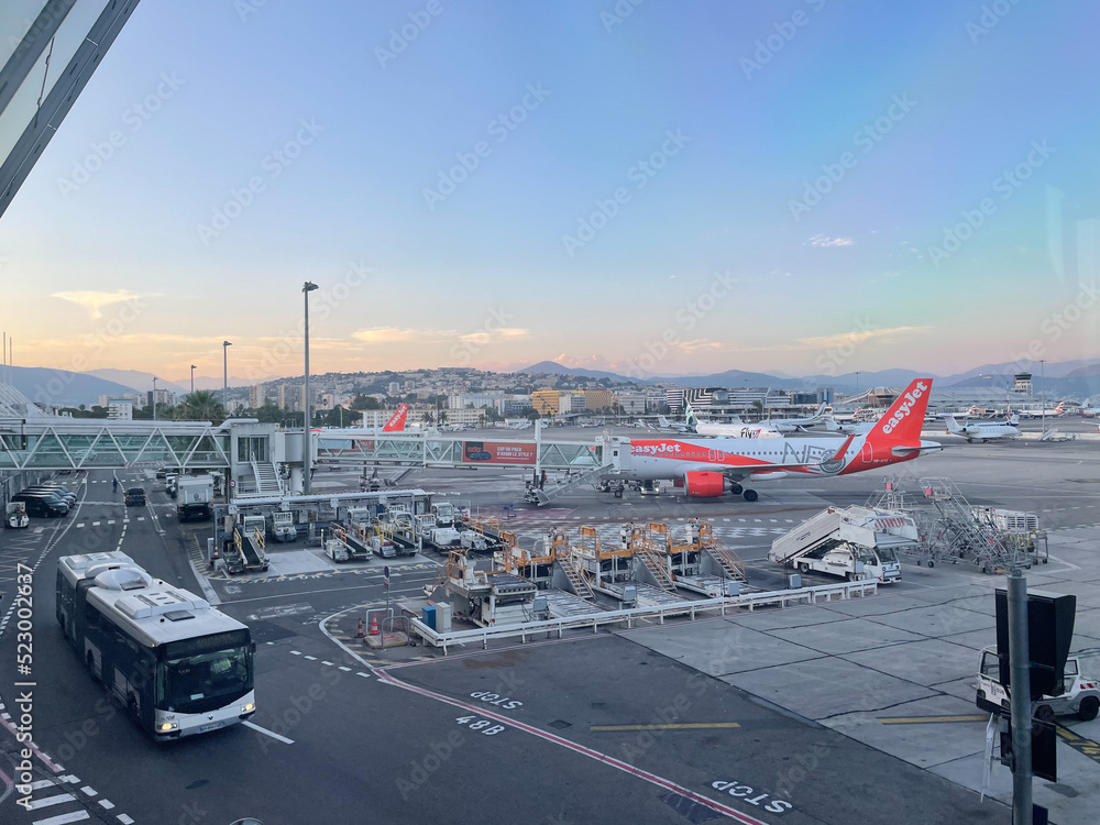 Nice, France. July 29. 2022. Airport runway with airplanes for ...