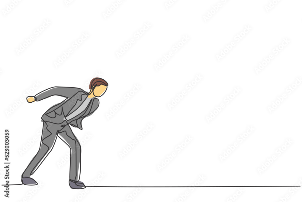 Single one line drawing of young smart male employee bend down his body ...