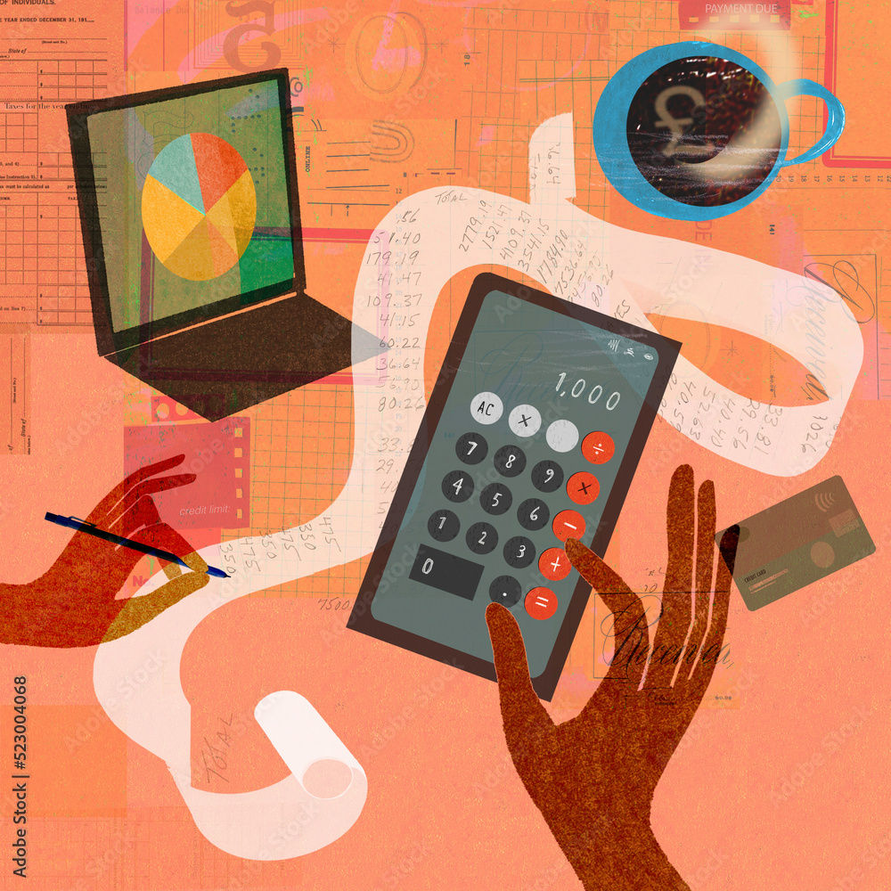 Woman calculating British bills and taxes Stock Illustration | Adobe Stock