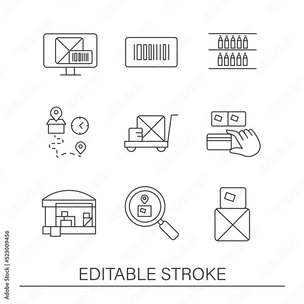 Inventory tracking line icons set. Checking and tracking cargo by ...