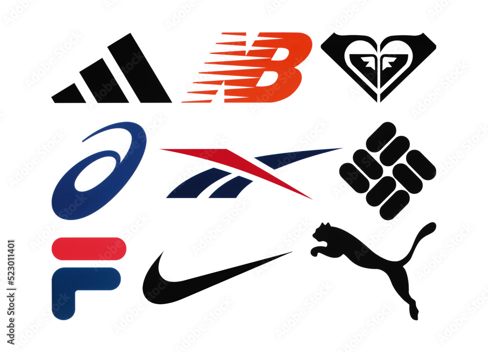 Set of popular sportswear manufactures logos: Adidas, New Balance, Roxy ...