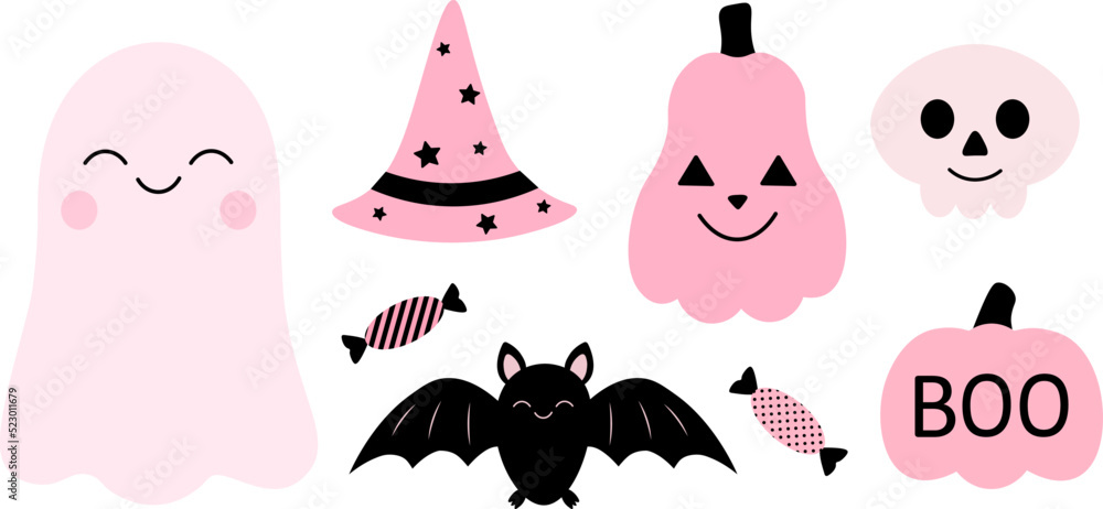 Set cute pink ghosts pumpkin bat Halloween vector illustration Stock ...