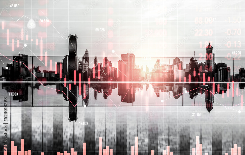 Economic crisis concept shown by digital indicators and graphs falling ...
