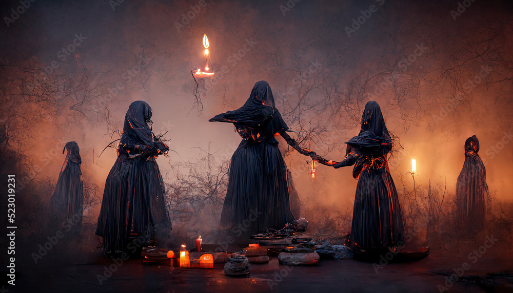 A gloomy dramatic background, witches in black cloaks perform a ritual in a dark gloomy forest ...