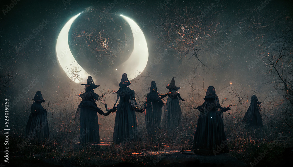 A gloomy dramatic background, witches in black cloaks perform a ritual in a dark gloomy forest ...