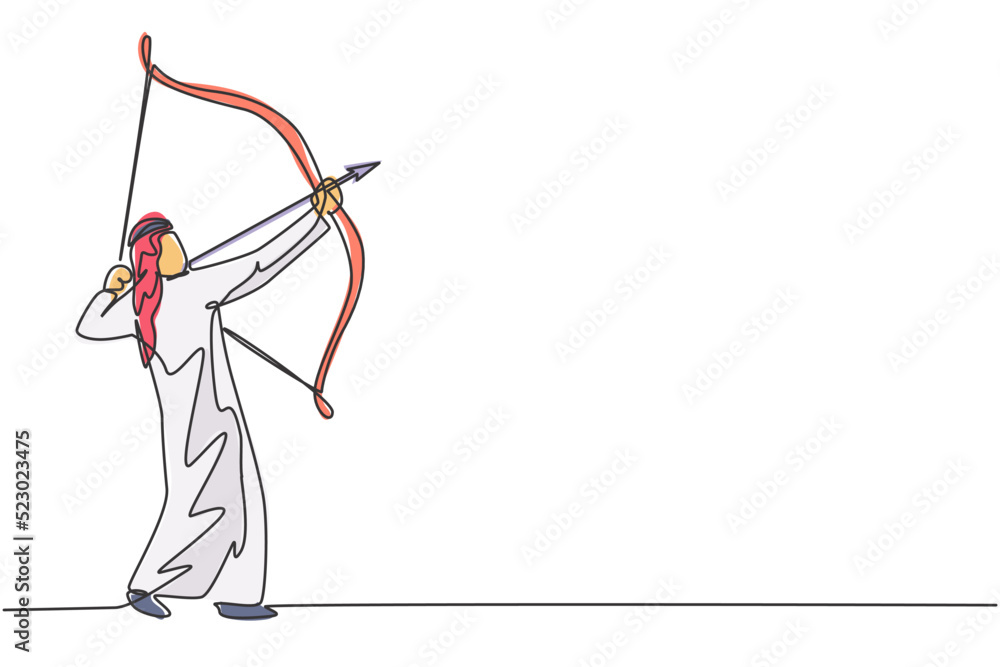 Continuous one line drawing of young Arab businessman aim target before ... Continuous one line drawing of young Arab businessman aim target before ...