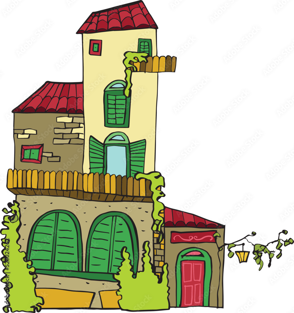 funny illustration of an imaginary, fantastic, magical, crooked house ...