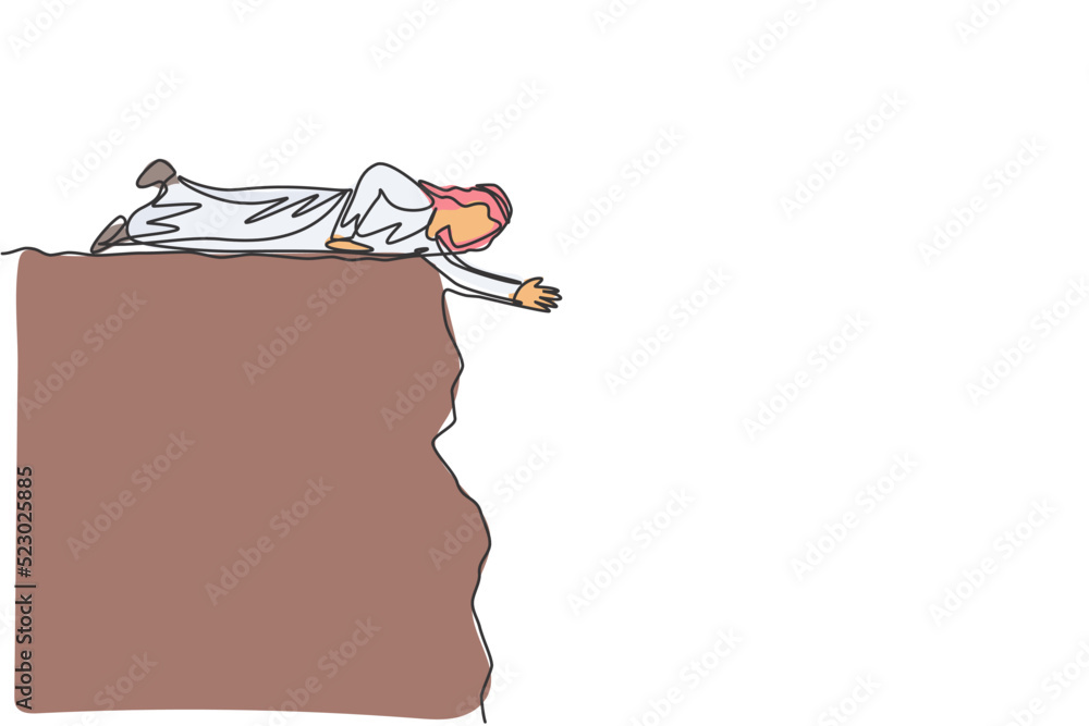 Continuous one line drawing of young Arab male worker lay down on cliff ...