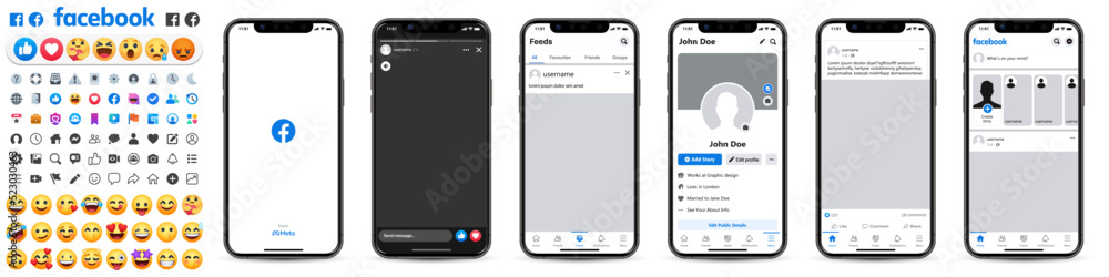 Facebook app interface in Iphone screen, icons, emoticons. Facebook ...