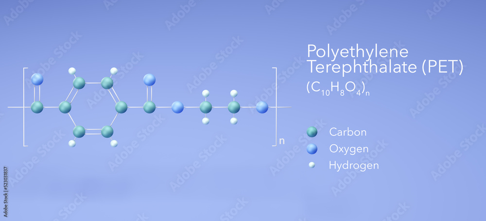 polyethylene terephthalate (pet), molecular structures, 3d rendering ...