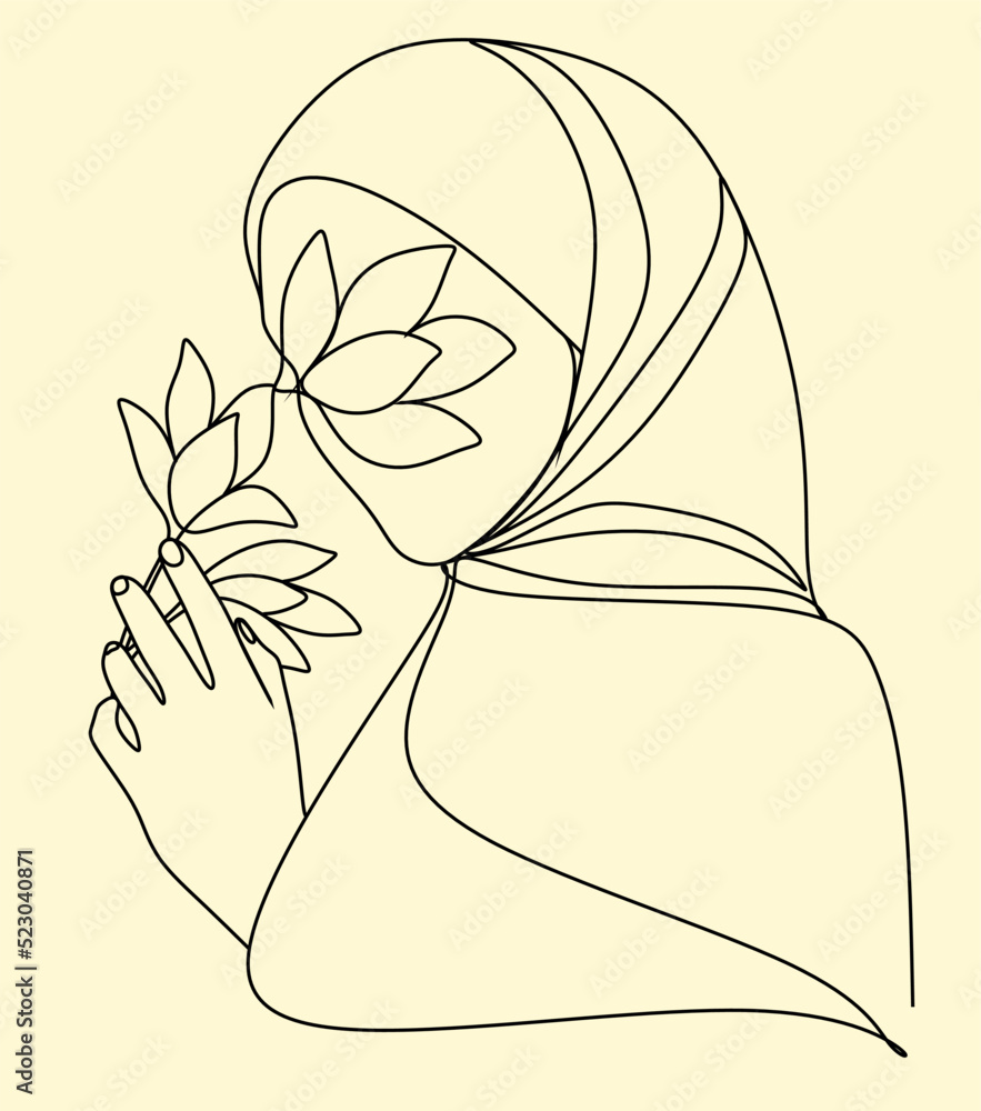 Continuous drawing in one line. Muslim woman with flowers. Vector ...