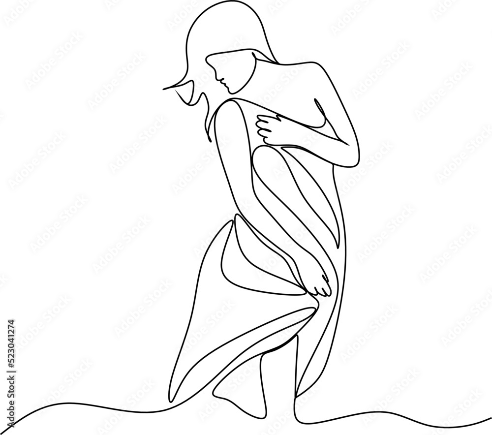 Continuous line art or One Line Drawing of girl on beach. Vector ...