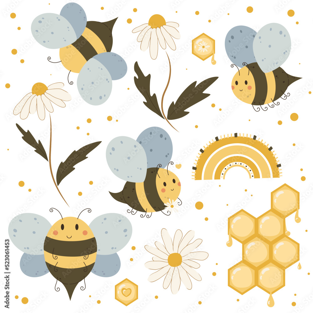 Honey Bees Vector Set. Cute bee cartoon collection. Funny illustrations ...