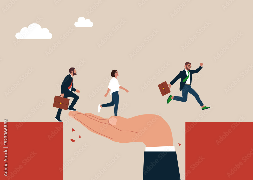 Giant hand help business people cross the problem gap. Support of help ...