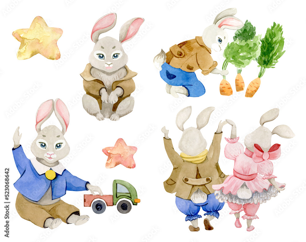 Cute little rabbits, children's illustration of fairy bunnies, bunny in ...