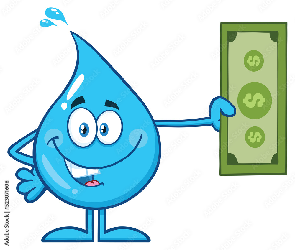 Blue Water Drop Cartoon Mascot Character Holding A Dollar Bill. Hand ...