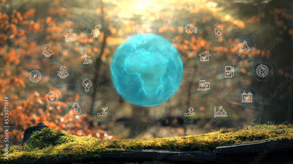 Ecological Green Energy Icons Earth Digital Sphere Concept On Moss In ...
