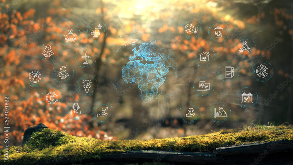 Ecological Green Energy Icons Earth Sphere Concept On Moss In Real ...