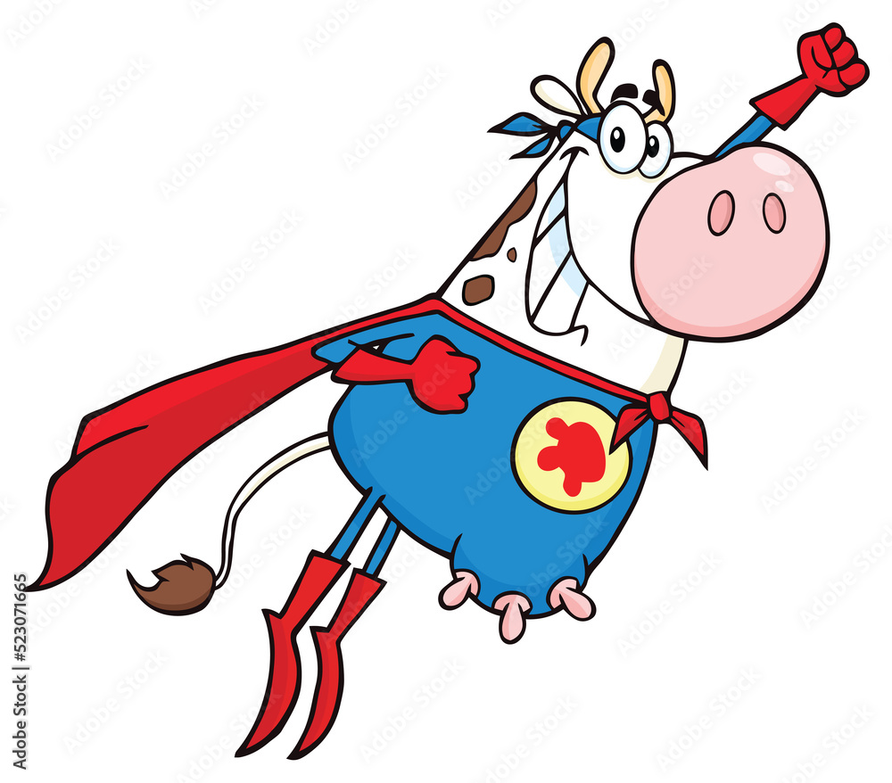 White Super Hero Cow Cartoon Mascot Character Flying. Hand Drawn ...