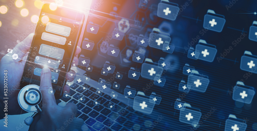 Medical doctor hand holding mobile phone Chatbot conversation app ...