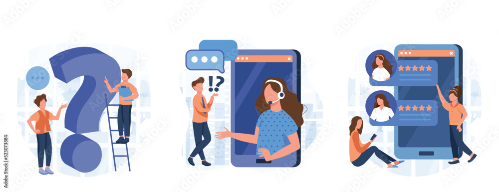 Customer support illustration set. Characters asking a questions ...