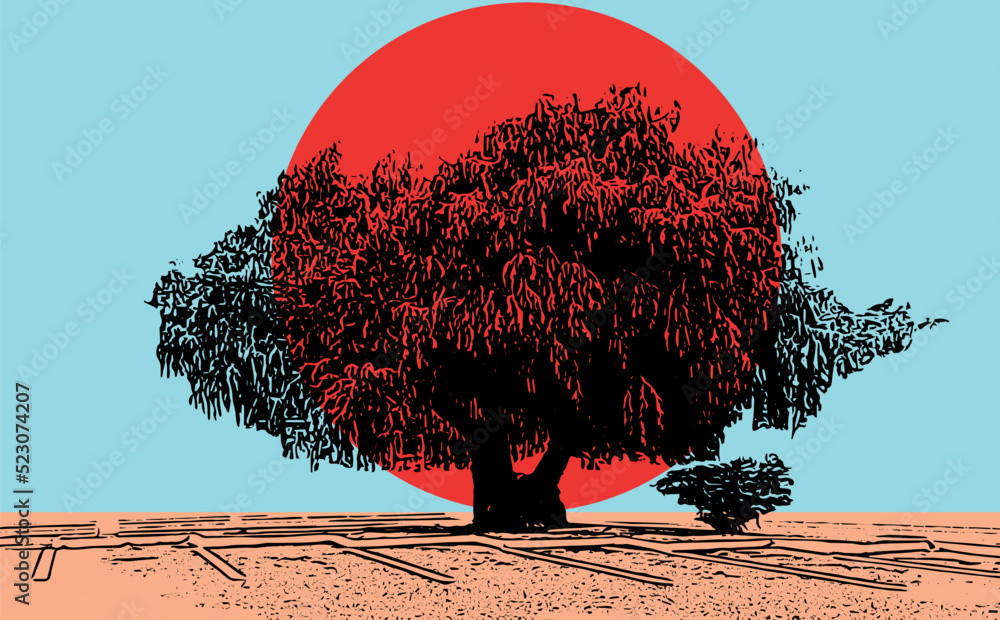 Vectorial drawing of tree in open space composed with geometrical ...