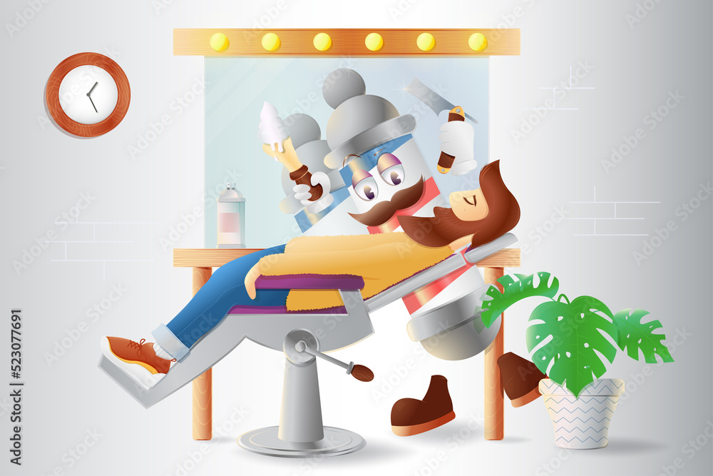 Barbershop illustration, barber pole cartoon character shaves bearded ...