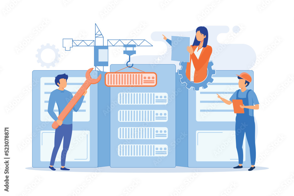 Engineers consolidating and structuring data in the center. Big data ...